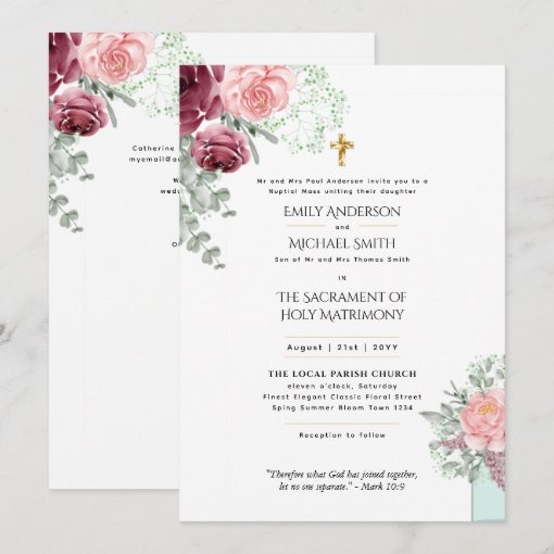 Burgundy Floral Catholic Wedding Nuptial Mass Invitation | Zazzle