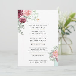 Burgundy Floral Catholic Wedding Nuptial Mass Invitation | Zazzle
