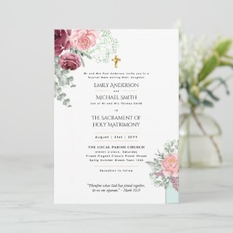 Burgundy Floral Catholic Wedding Nuptial Mass Invitation | Zazzle