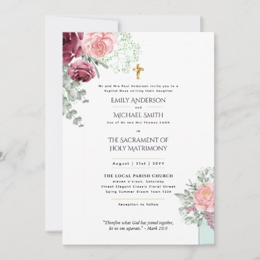 Burgundy Floral Catholic Wedding Nuptial Mass Invitation | Zazzle