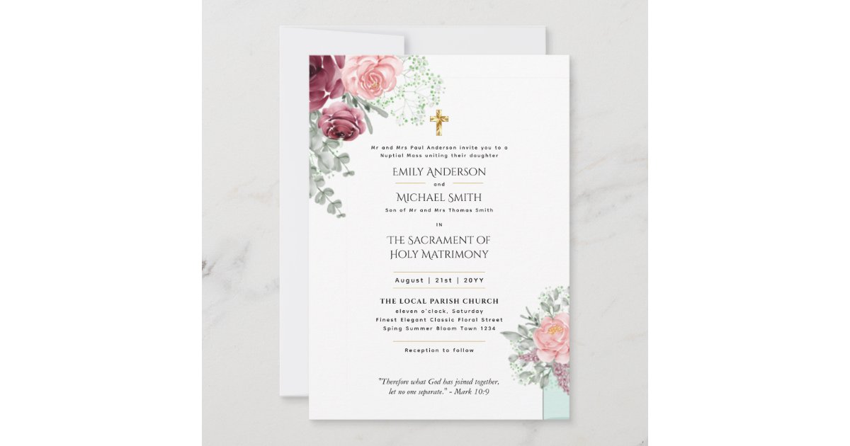 Burgundy Floral Catholic Wedding Nuptial Mass Invitation | Zazzle