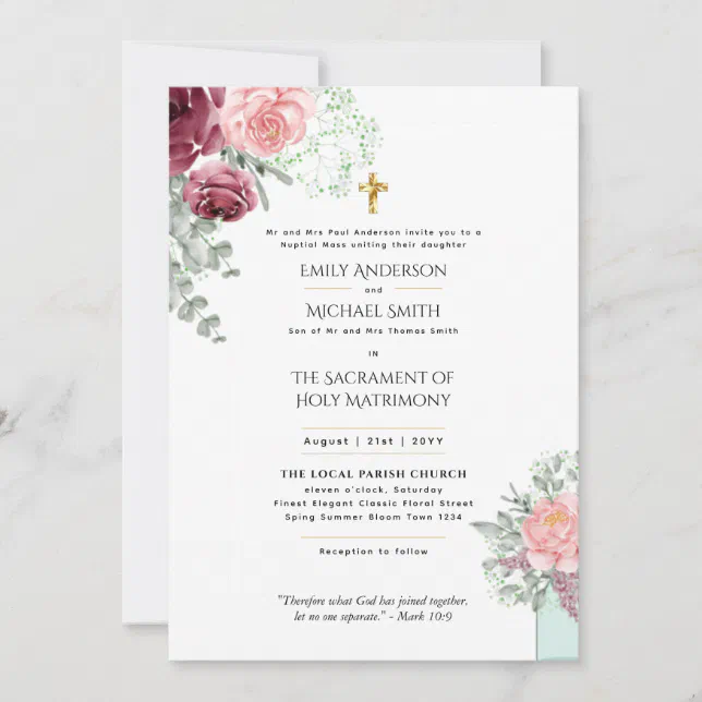 Burgundy Floral Catholic Wedding Nuptial Mass Invitation | Zazzle