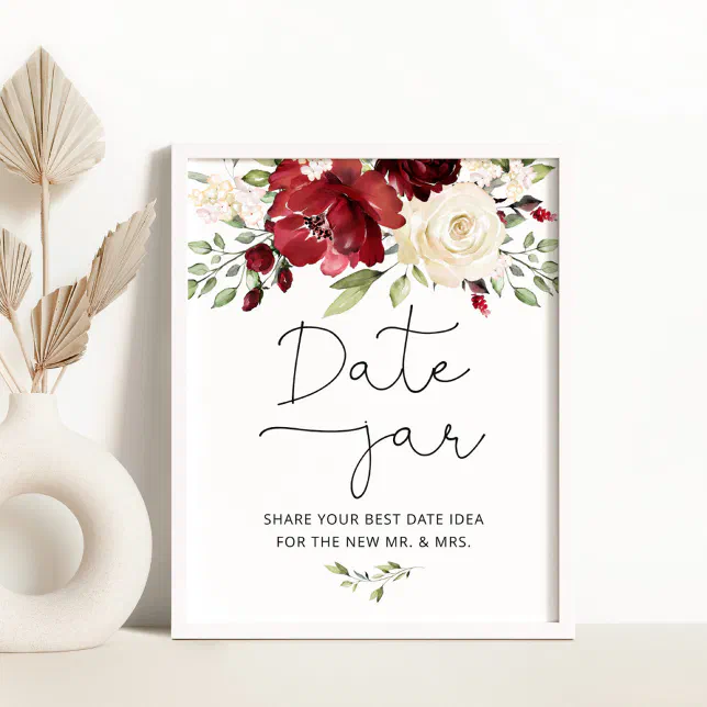Burgundy floral date night ideas. Date jar bridal Poster | Zazzle
