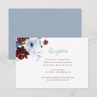 burgundy floral dusty blue wedding reception card | Zazzle