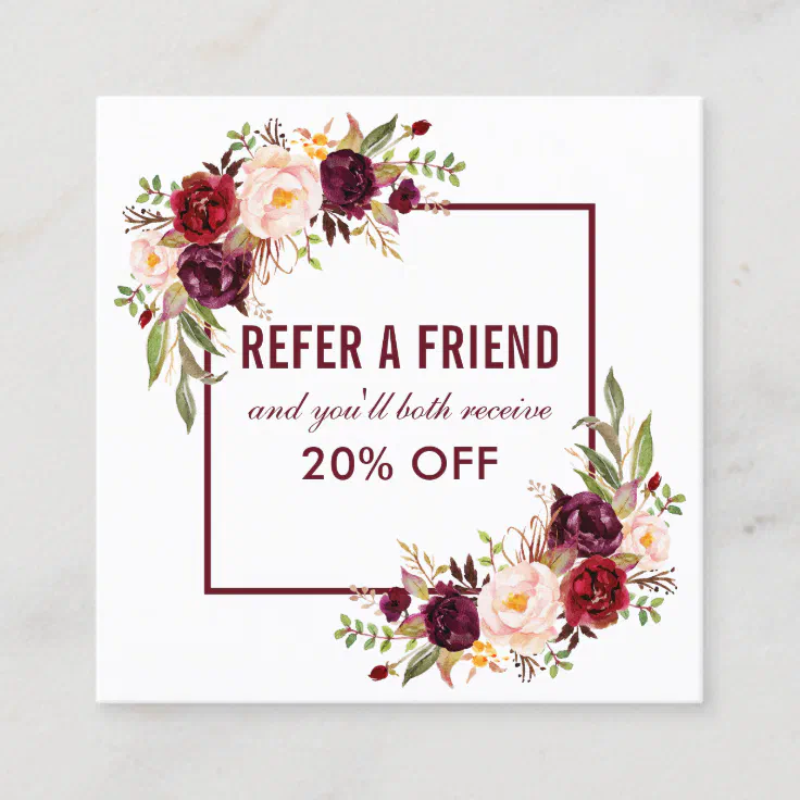 Burgundy Floral Elegant Framed Referral Square Business Card | Zazzle