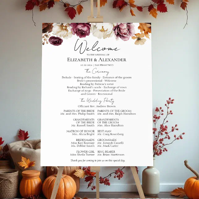 Burgundy Floral Fall Wedding Ceremony Program Sign | Zazzle