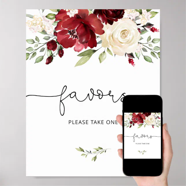 Burgundy floral favors please take one poster | Zazzle