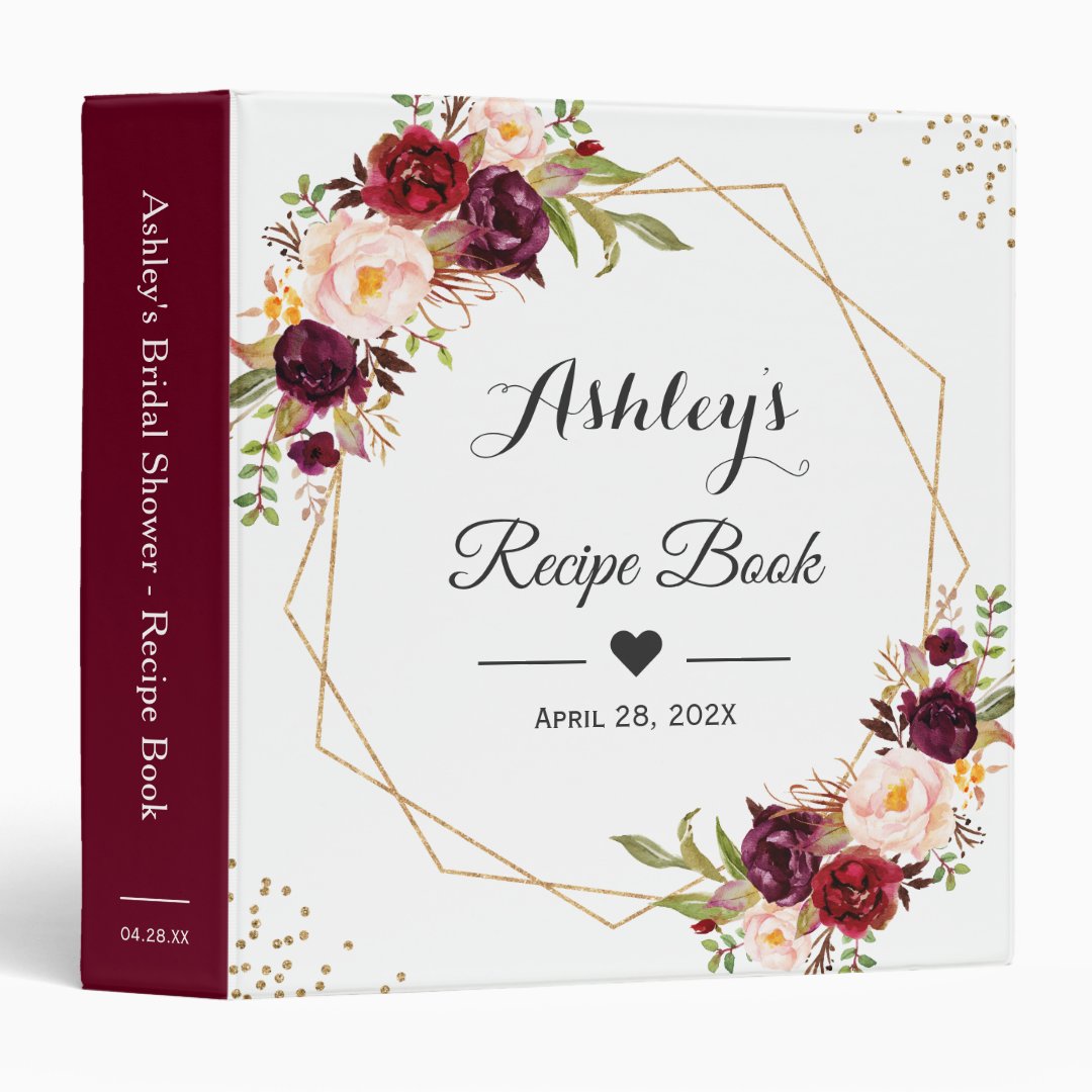 Burgundy Floral Geometric Bridal Shower Recipe 3 Ring Binder | Zazzle