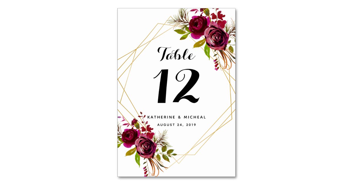 Burgundy Floral Geometric Wedding Table Numbers | Zazzle
