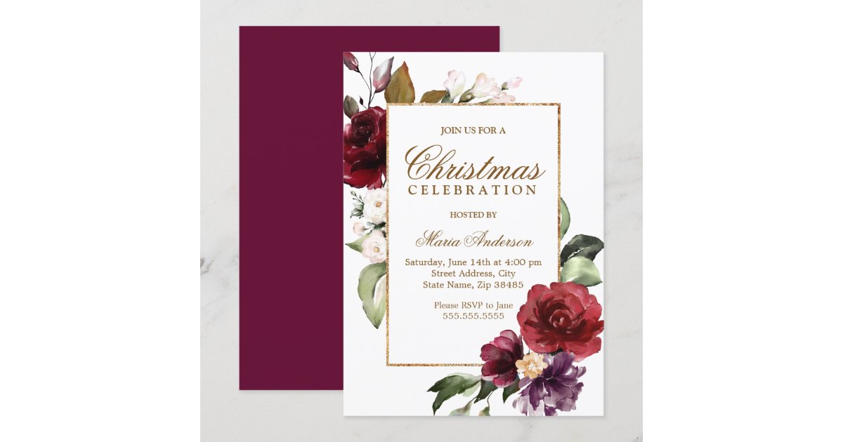 Burgundy Floral Gold Border Christmas Party Invitation | Zazzle