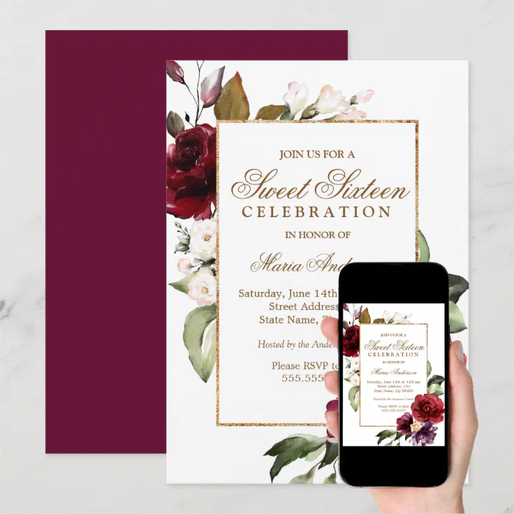 Burgundy Floral Gold Border Sweet 16 Party Invitation | Zazzle
