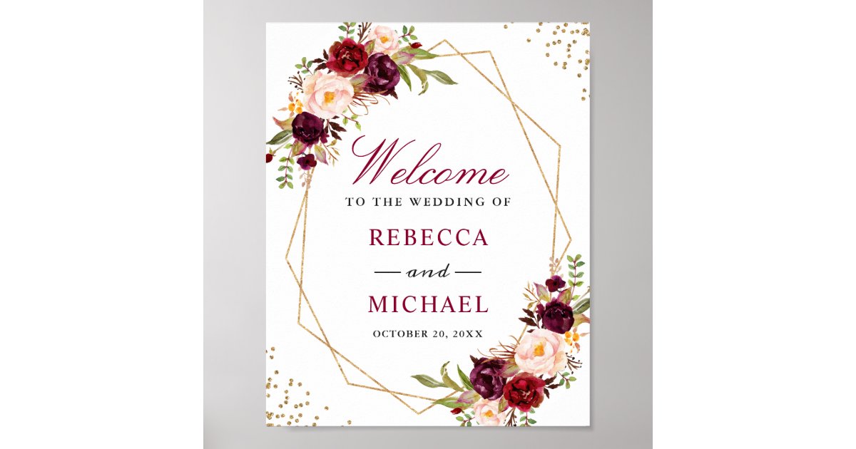 Burgundy Floral Gold Frame Wedding Welcome Sign | Zazzle