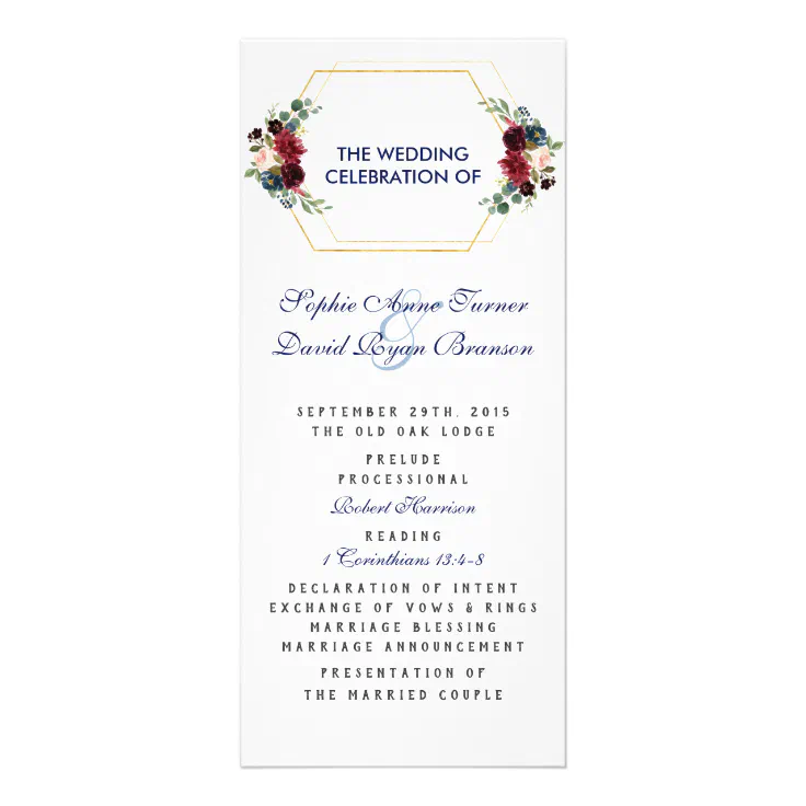 Burgundy Floral Gold Hexagon Frame Wedding Program | Zazzle