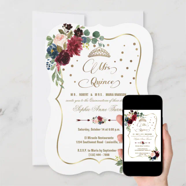 Burgundy Floral Gold Mis Quince Script Quinceañera Invitation | Zazzle