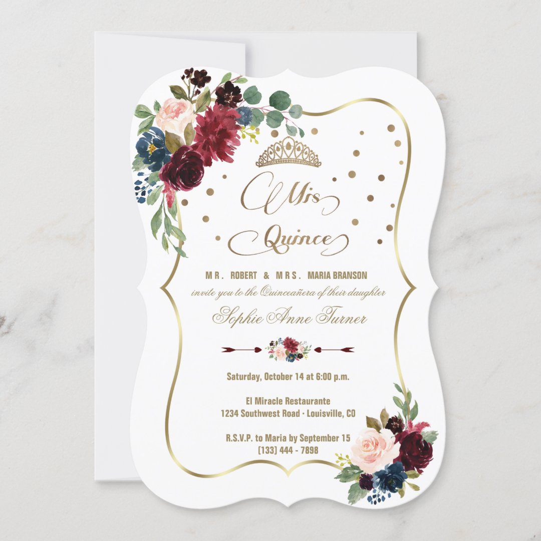 Burgundy Floral Gold Mis Quince Script Quinceañera Invitation | Zazzle