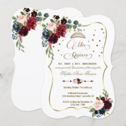 Burgundy Floral Gold Mis Quince Script Quinceañera Invitation | Zazzle
