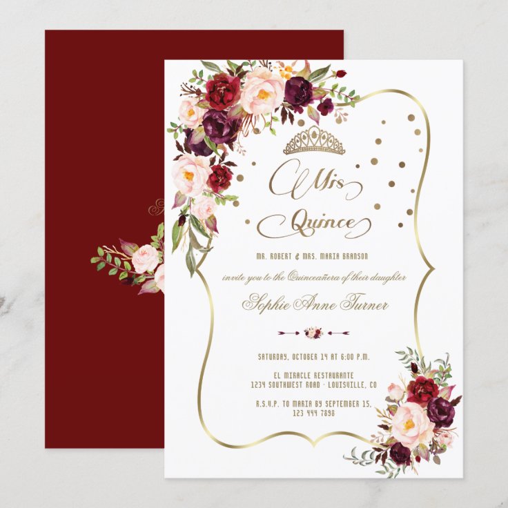 Burgundy Floral Gold Mis Quince Script Quinceañera Invitation | Zazzle