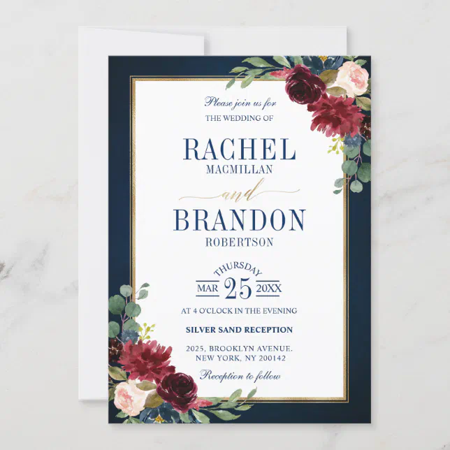 Burgundy Floral Gold Navy Blue Rustic Wedding Invi Invitation | Zazzle