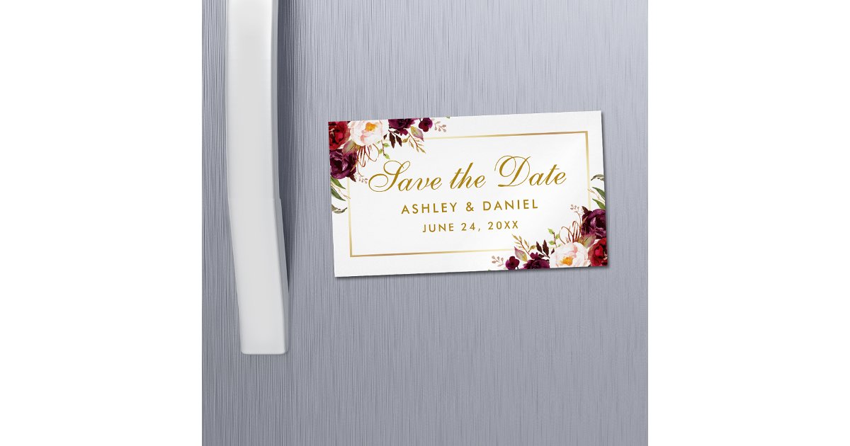 Burgundy Floral Gold Save The Date Mini Magnet | Zazzle