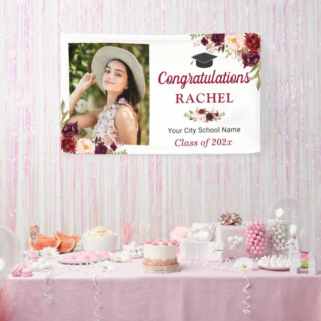 Burgundy Floral Graduate Photo Graduation Party Banner | Zazzle