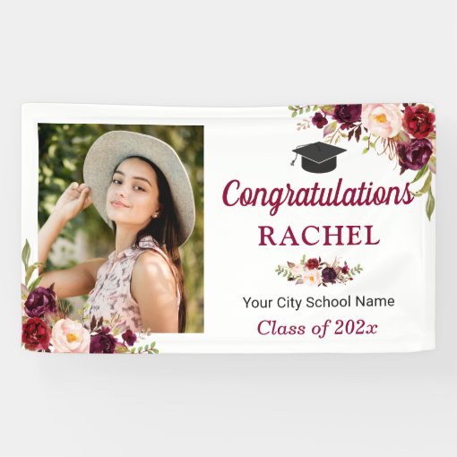 Burgundy Floral Graduate Photo Graduation Party Banner | Zazzle