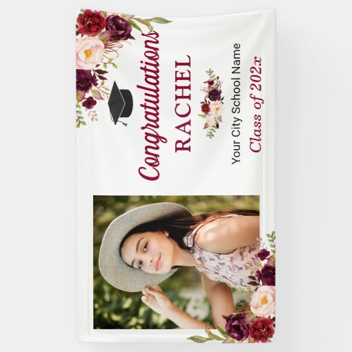 Burgundy Floral Graduate Photo Graduation Party Banner | Zazzle