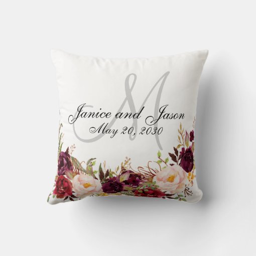 Burgundy Floral Gray White Monogram Wedding Throw Pillow | Zazzle
