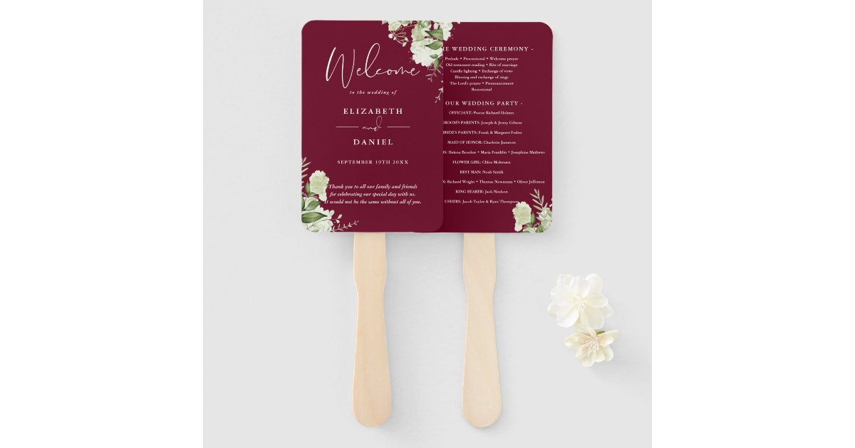 Burgundy Floral Greenery Wedding Program Hand Fan | Zazzle