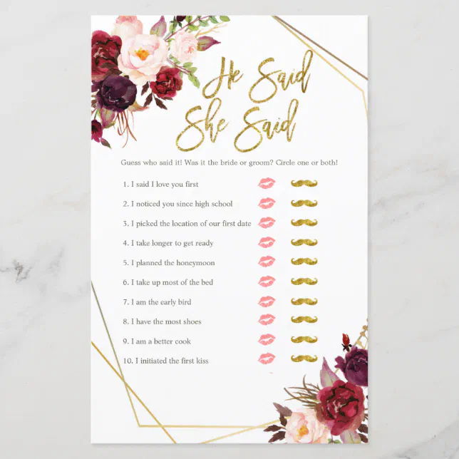 Burgundy Floral he said she said games card | Zazzle