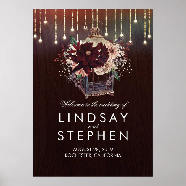 Burgundy Floral Lantern Wedding Welcome Sign | Zazzle