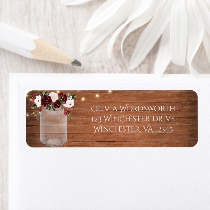 Burgundy Floral Lights Mason Jar Rustic Wedding Label | Zazzle.com