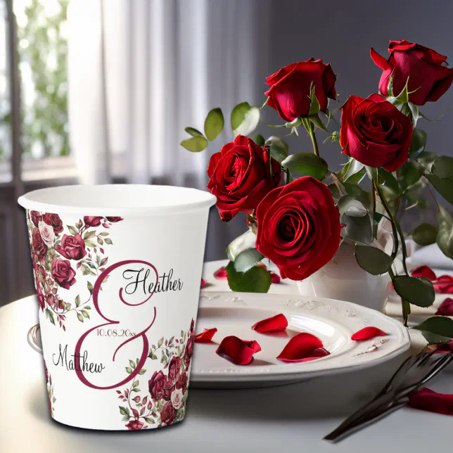 Burgundy Floral Modern Script Wedding Paper Cups | Zazzle
