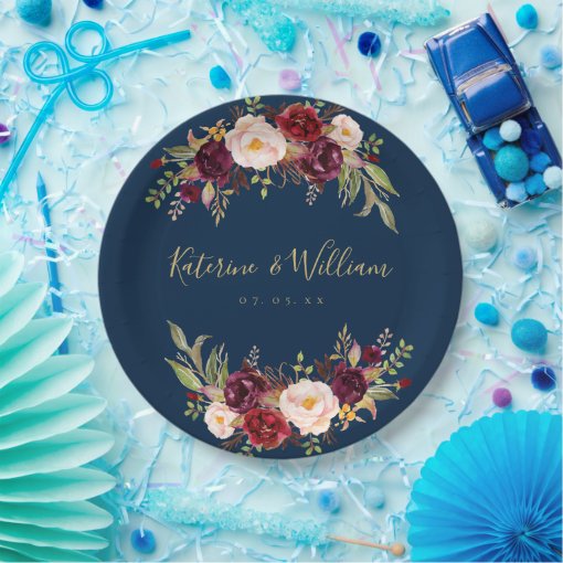 Burgundy Floral Navy Blue Gold Wedding Engagement Paper Plates | Zazzle