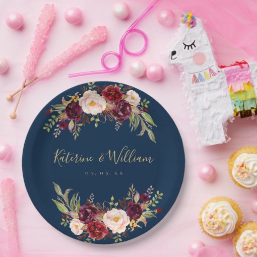 Burgundy Floral Navy Blue Gold Wedding Engagement Paper Plates | Zazzle