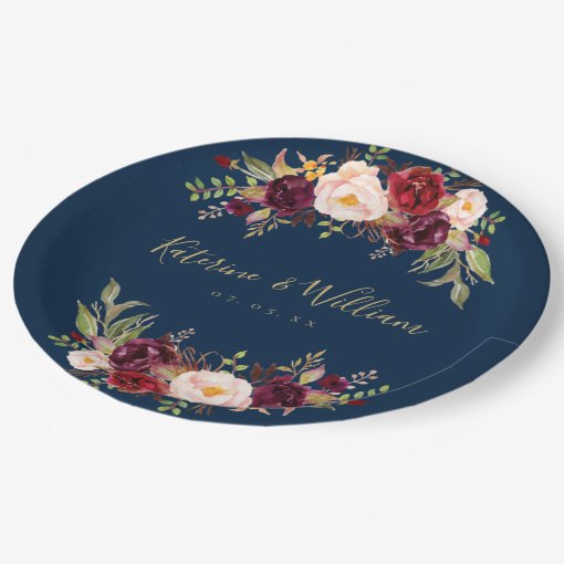 Burgundy Floral Navy Blue Gold Wedding Engagement Paper Plates | Zazzle