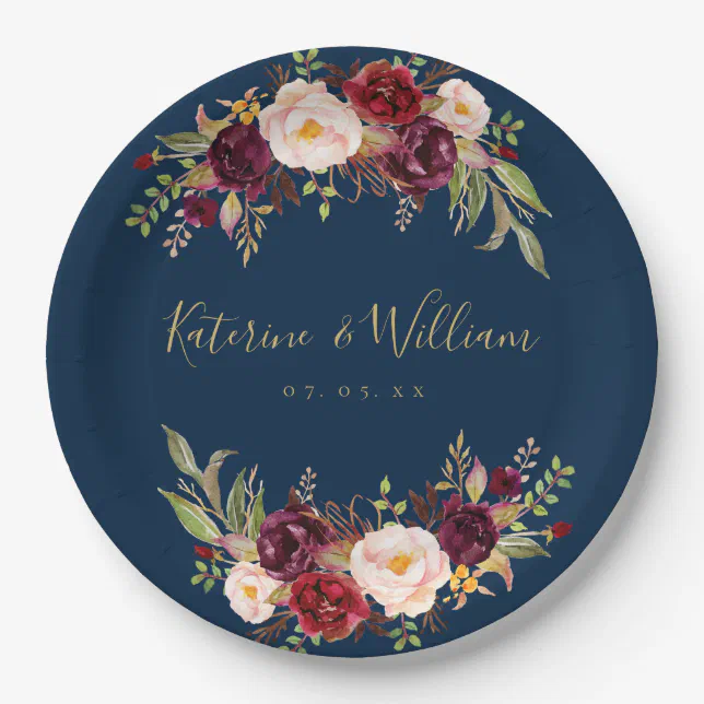 Burgundy Floral Navy Blue Gold Wedding Engagement Paper Plates | Zazzle