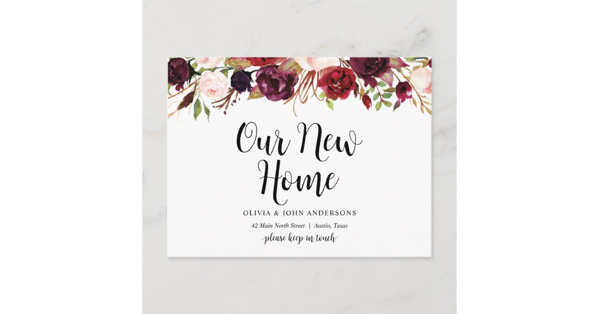 Burgundy floral, Our New Home Address Announcement Postcard | Zazzle