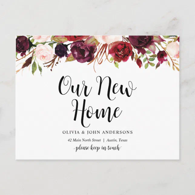 Burgundy floral, Our New Home Address Announcement Postcard | Zazzle