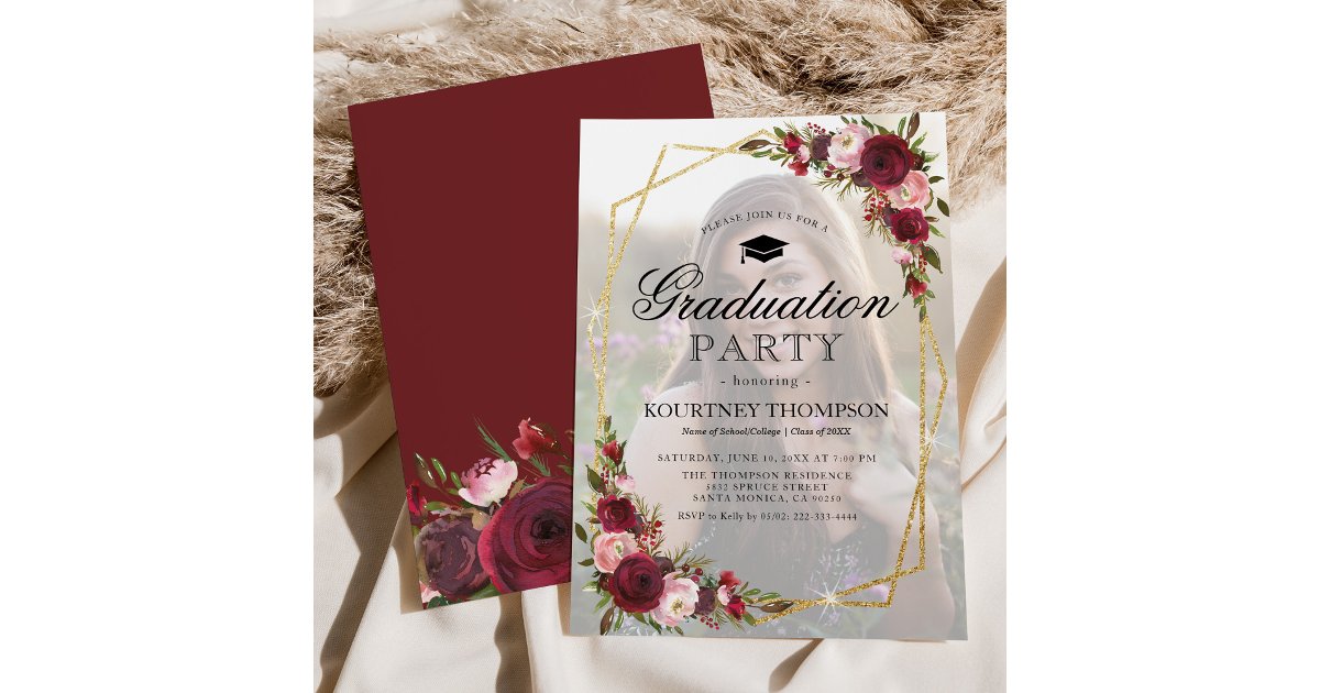 Burgundy Floral Photo Graduation Party Invitation | Zazzle