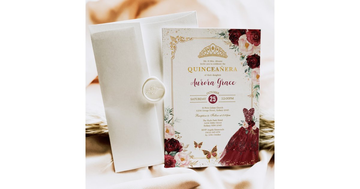 Burgundy Floral Quinceañera Princess Mis Quince Invitation | Zazzle
