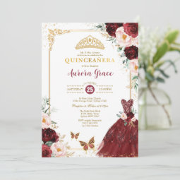 Burgundy Floral Quinceañera Princess Mis Quince Invitation | Zazzle