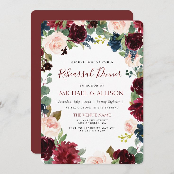 burgundy floral rehearsal dinner invitation | Zazzle