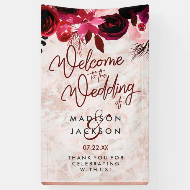Burgundy Floral & Rose Gold Marble Wedding Welcome Banner | Zazzle