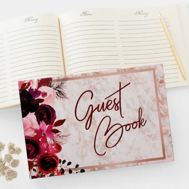 Burgundy Floral & Rose Gold Wedding Monogram Guest Book | Zazzle