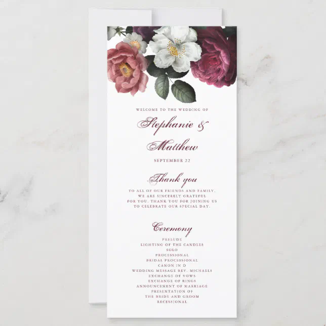 Burgundy Floral Roses Botanical Wedding Program | Zazzle