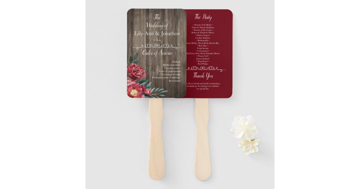 Burgundy Floral Rustic Barn Wood Wedding Hand Fan | Zazzle