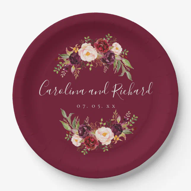 Burgundy Floral Rustic Engagement Party Paper Plates | Zazzle