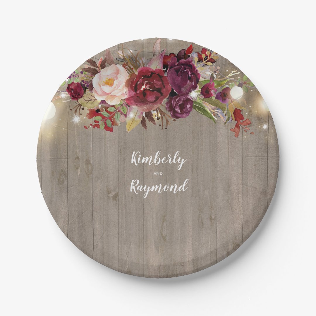 Burgundy Floral Rustic Paper Plates | Zazzle