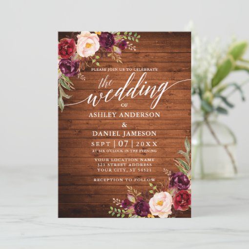 Burgundy Floral Rustic Wood Calligraphy Wedding Invitation | Zazzle