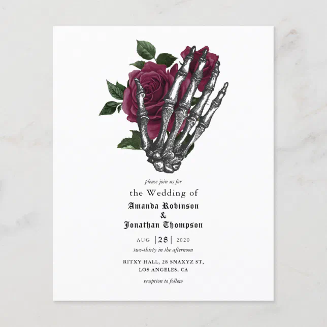 Burgundy Floral Skeleton Gothic Wedding Invitation Flyer | Zazzle